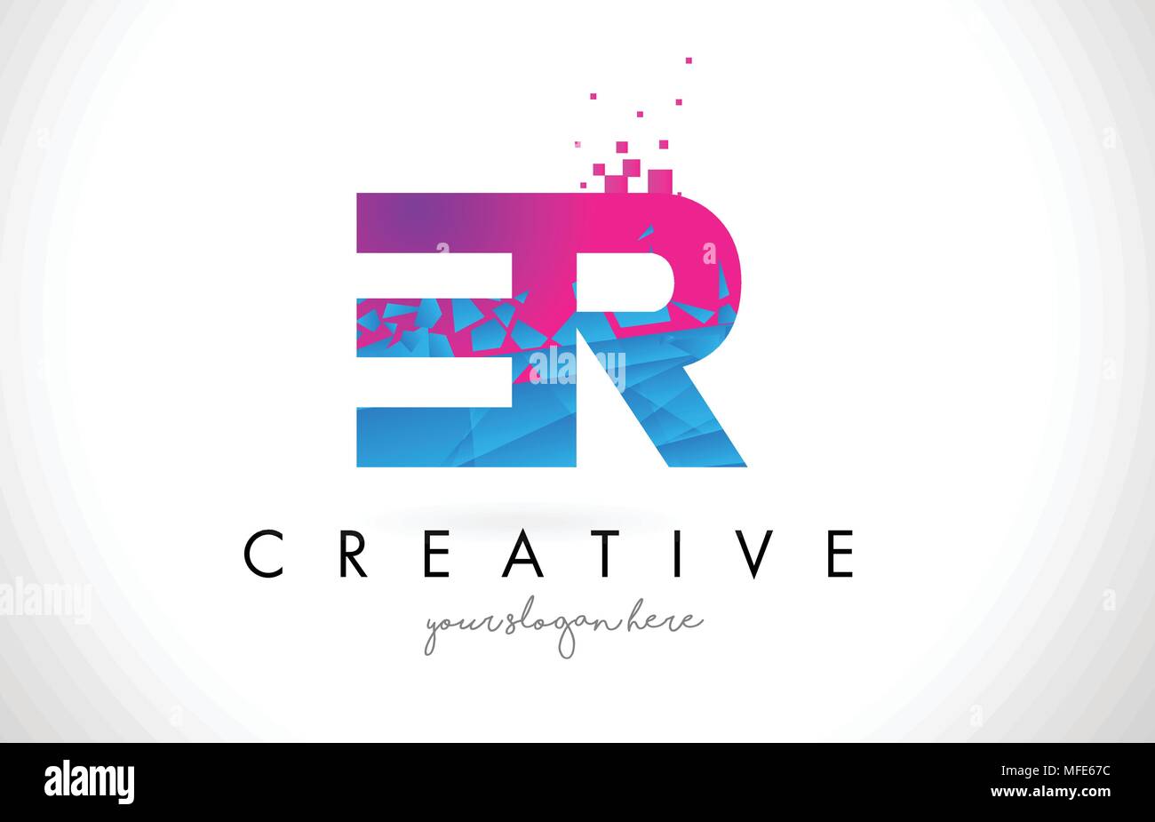 ER E R Letter Logo with Broken Shattered Blue Pink Triangles Texture ...