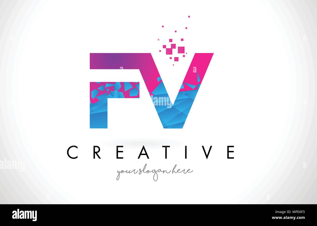 FV F V Letter Logo with Broken Shattered Blue Pink Triangles Texture ...