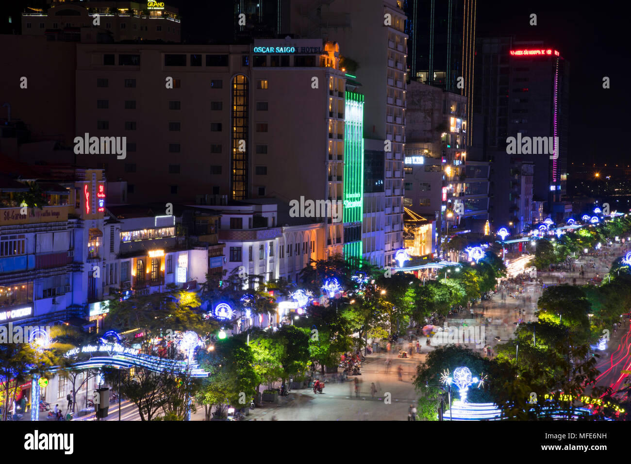 An aerial view of Nguyen Hue Boulevard at night in Ho Chi MInh City ...
