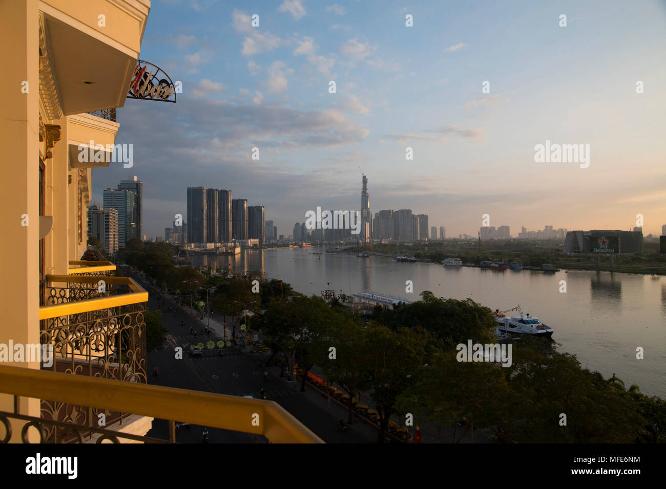 A view of modern skyscrapers on the Saigon River at sunrise from the ...