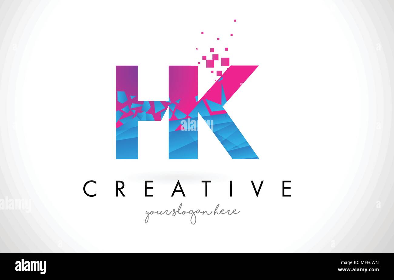 HK H K Letter Logo with Broken Shattered Blue Pink Triangles Texture ...