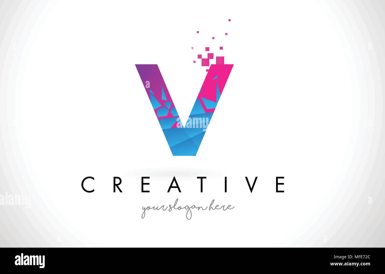 V Letter Logo with Broken Shattered Blue Pink Triangles Texture Design ...