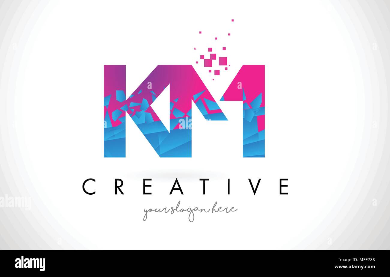 KM K M Letter Logo with Broken Shattered Blue Pink Triangles Texture ...