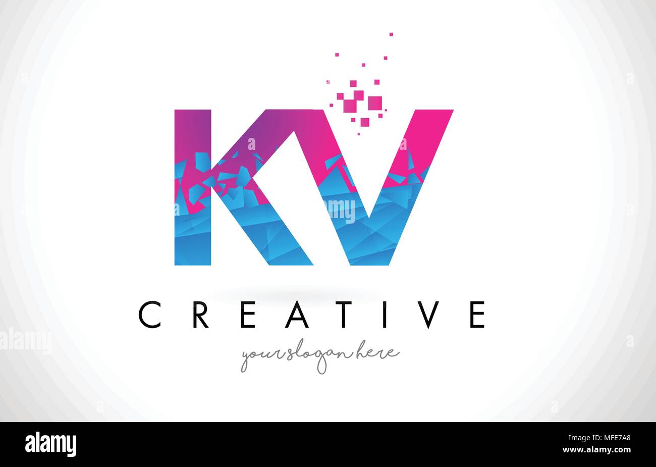 KV K V Letter Logo with Broken Shattered Blue Pink Triangles Texture ...