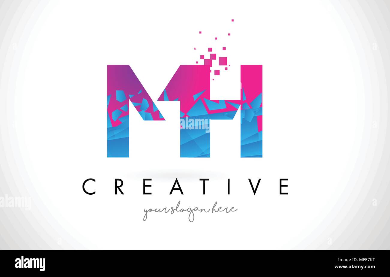 MH M H Letter Logo with Broken Shattered Blue Pink Triangles Texture ...