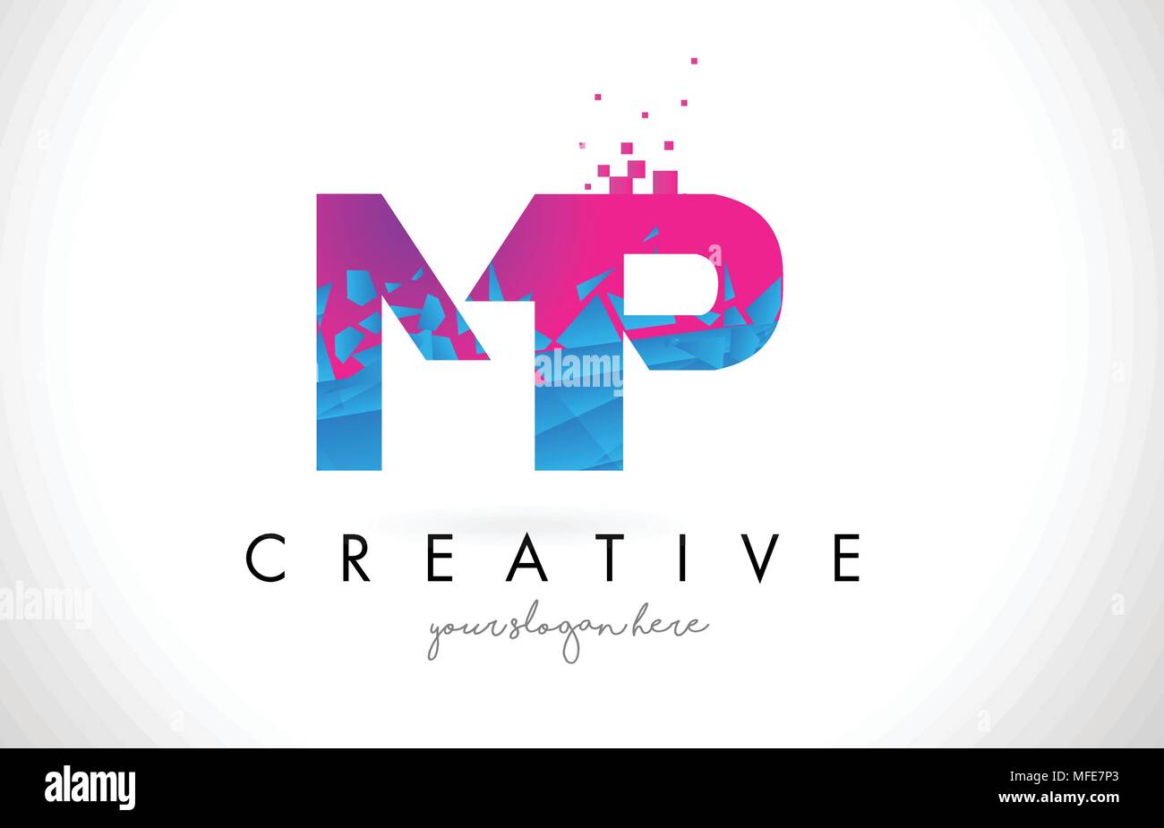 MP M P Letter Logo with Broken Shattered Blue Pink Triangles Texture ...