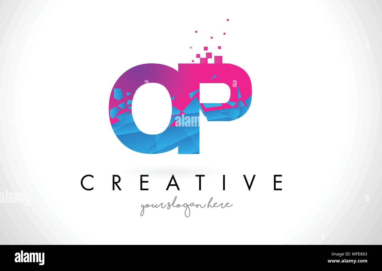 OP O P Letter Logo with Broken Shattered Blue Pink Triangles Texture ...