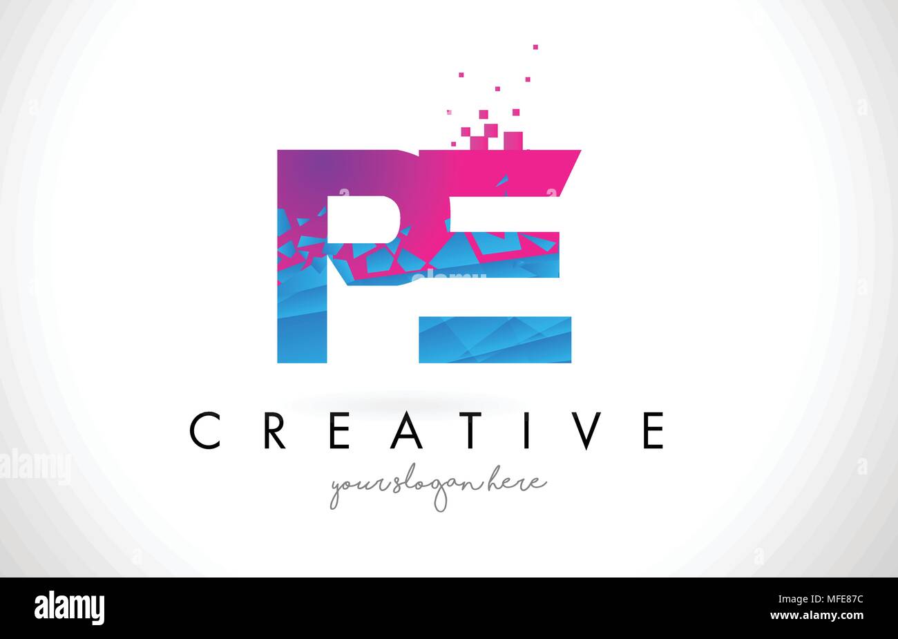 PE P E Letter Logo with Broken Shattered Blue Pink Triangles Texture ...