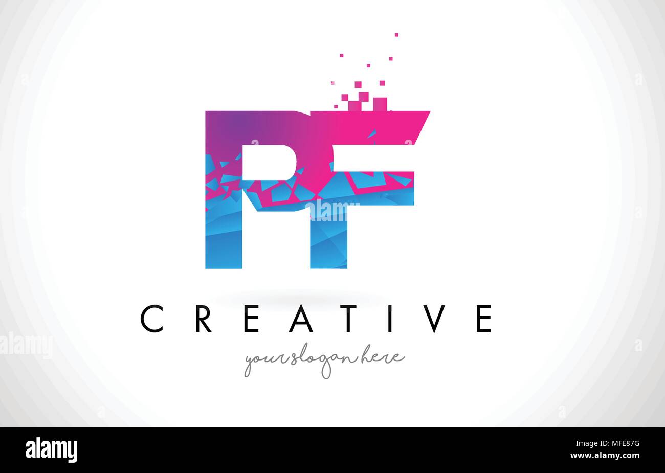 PF P F Letter Logo with Broken Shattered Blue Pink Triangles Texture ...