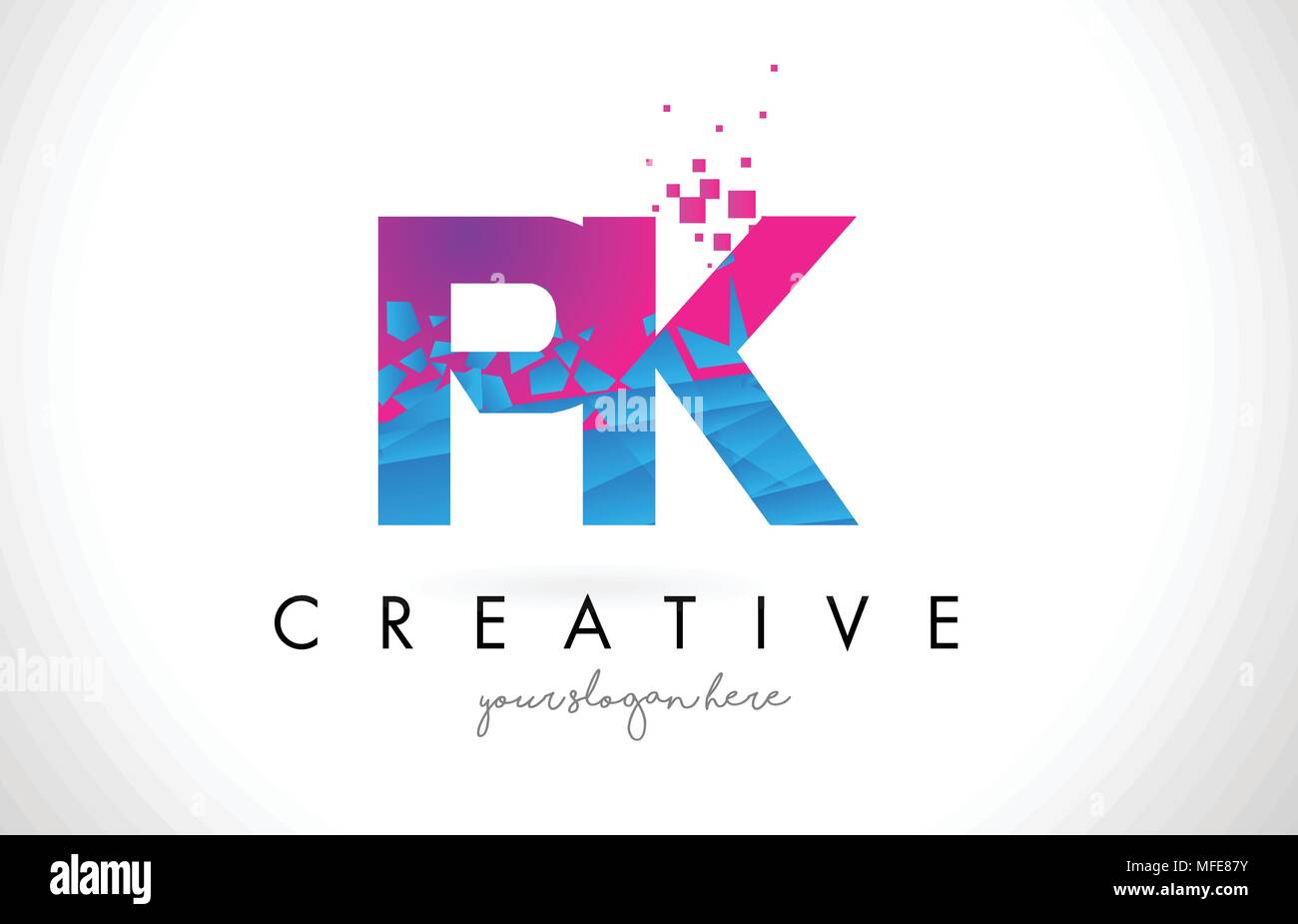PK P K Letter Logo with Broken Shattered Blue Pink Triangles Texture ...