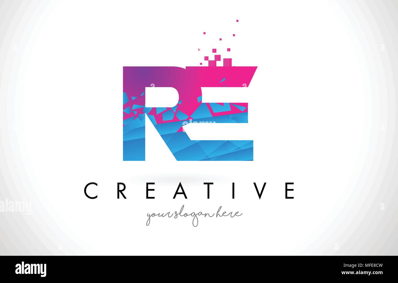 RE R E Letter Logo with Broken Shattered Blue Pink Triangles Texture ...