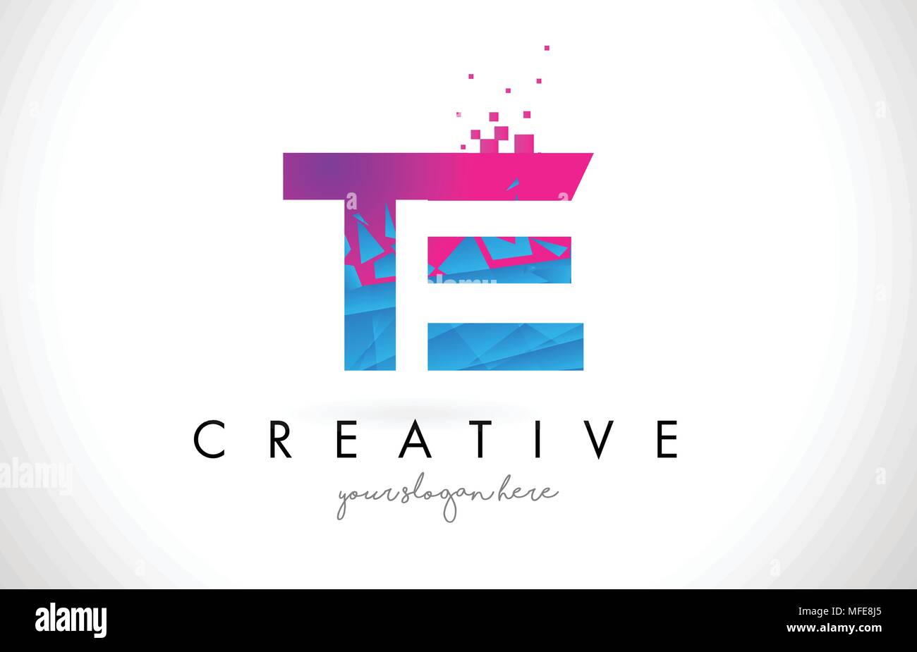 TE T E Letter Logo with Broken Shattered Blue Pink Triangles Texture ...