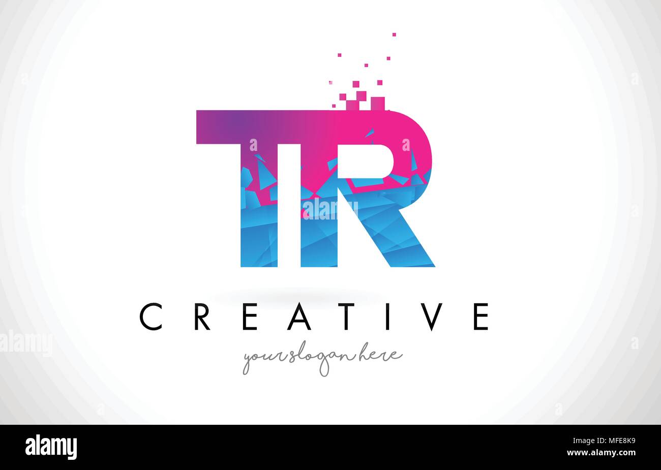 TR T R Letter Logo with Broken Shattered Blue Pink Triangles Texture ...