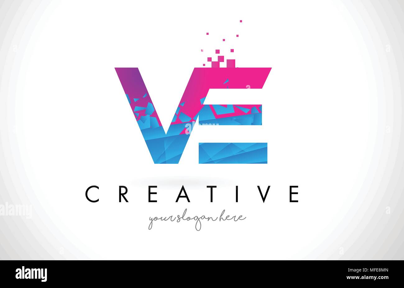 VE V E Letter Logo with Broken Shattered Blue Pink Triangles Texture ...