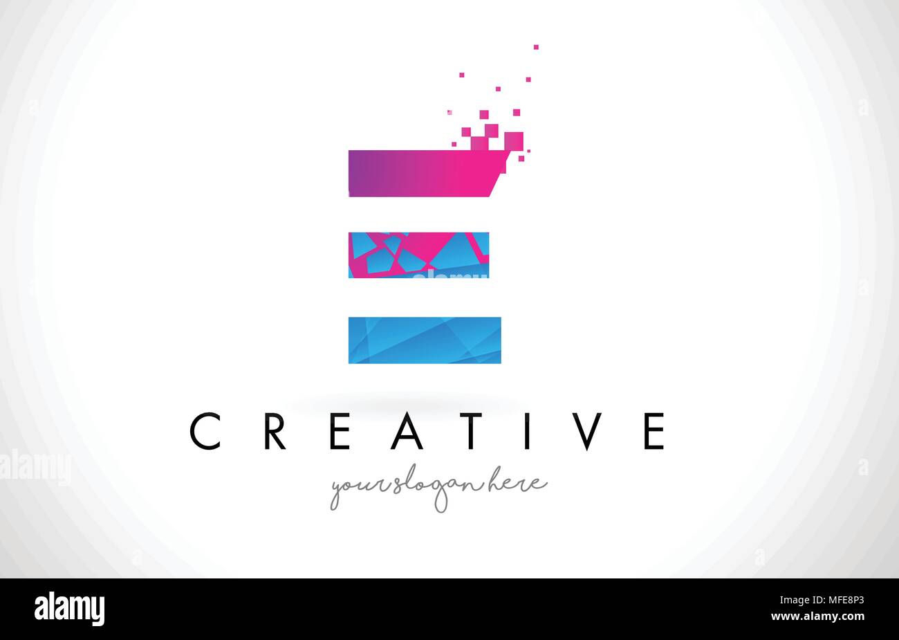 E Letter Logo with Broken Shattered Blue Pink Triangles Texture Design ...