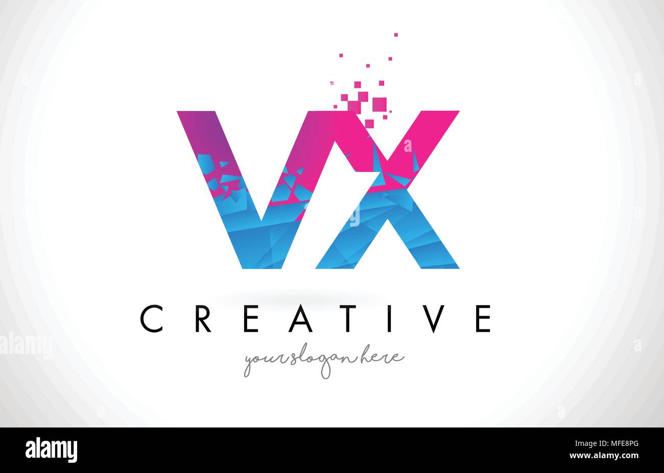 VX V X Letter Logo with Broken Shattered Blue Pink Triangles Texture ...