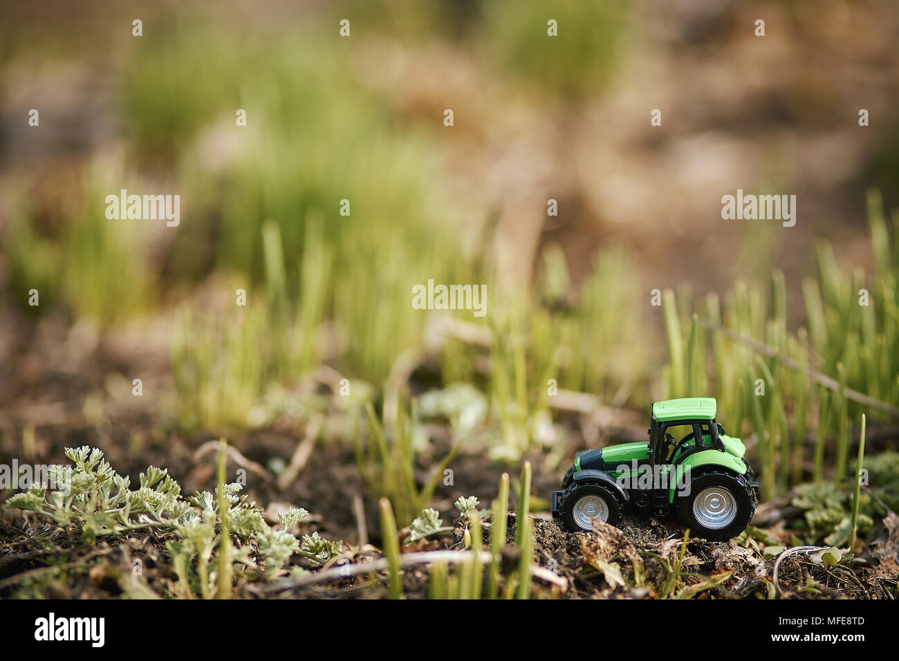 toy tractor on green grass background . Spring sowing works Stock Photo ...