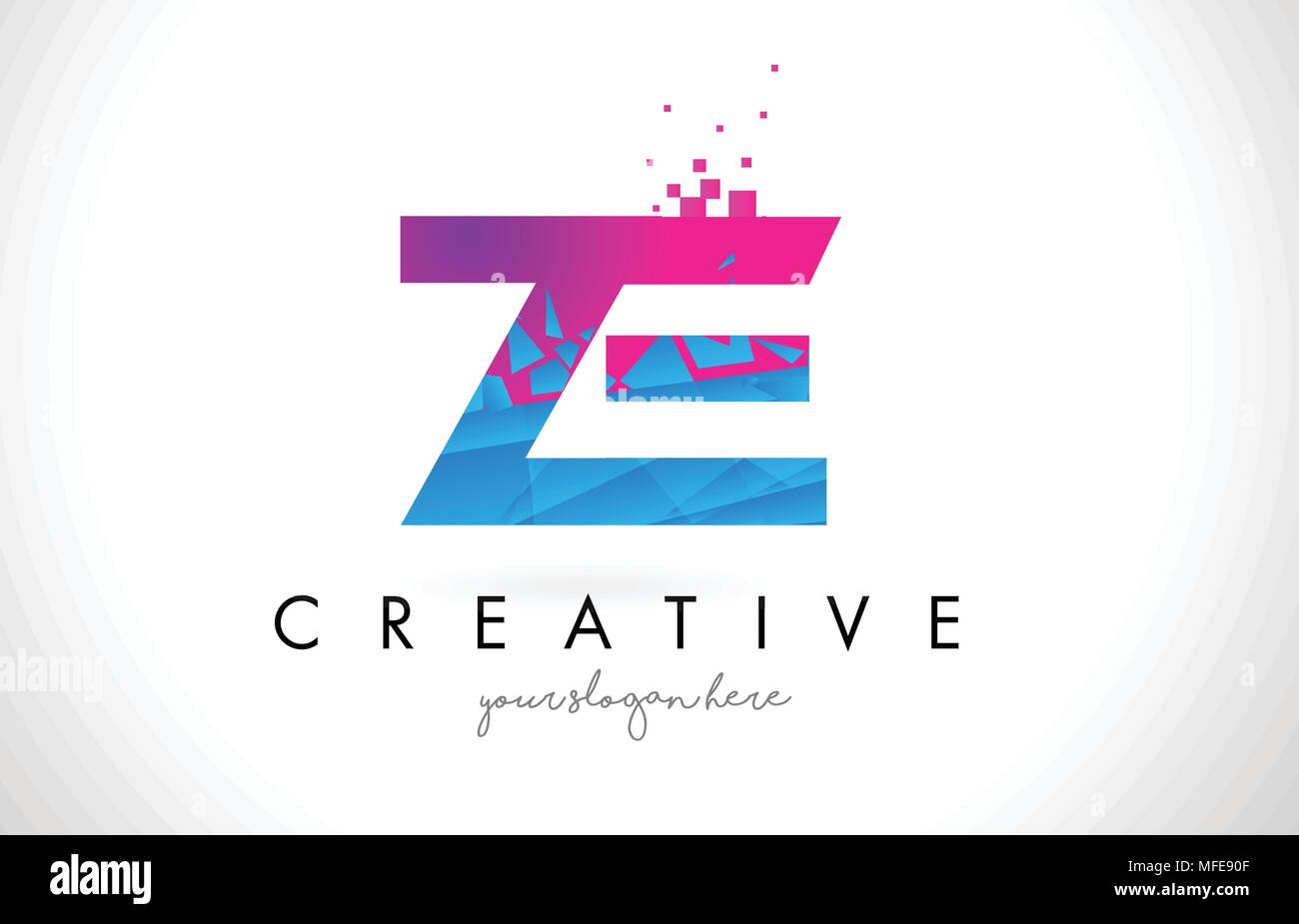 ZE Z E Letter Logo with Broken Shattered Blue Pink Triangles Texture ...