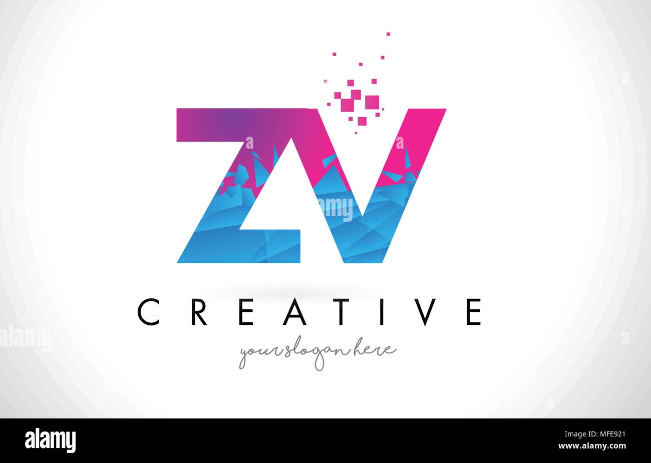 ZV Z V Letter Logo with Broken Shattered Blue Pink Triangles Texture ...