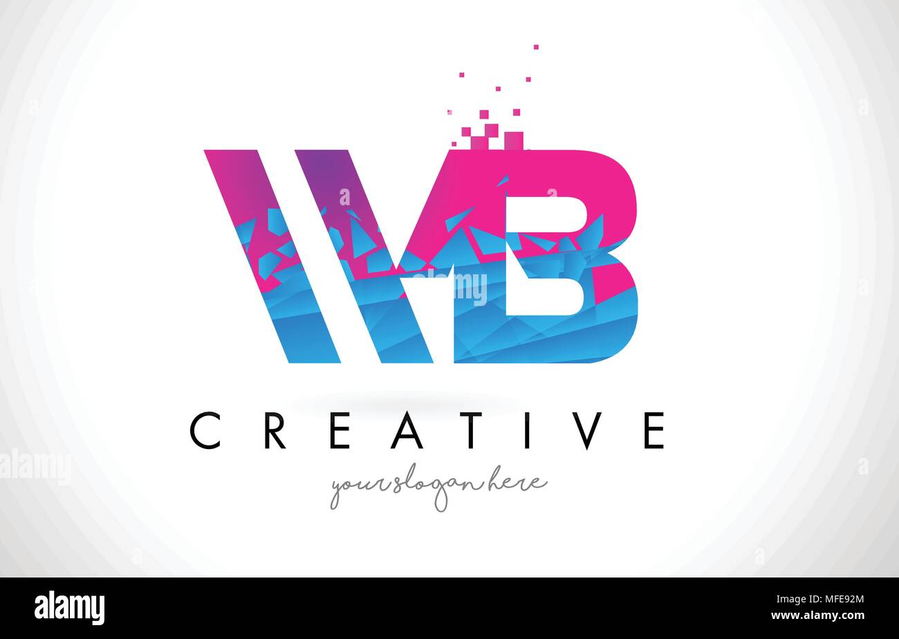 WB W B Letter Logo with Broken Shattered Blue Pink Triangles Texture ...