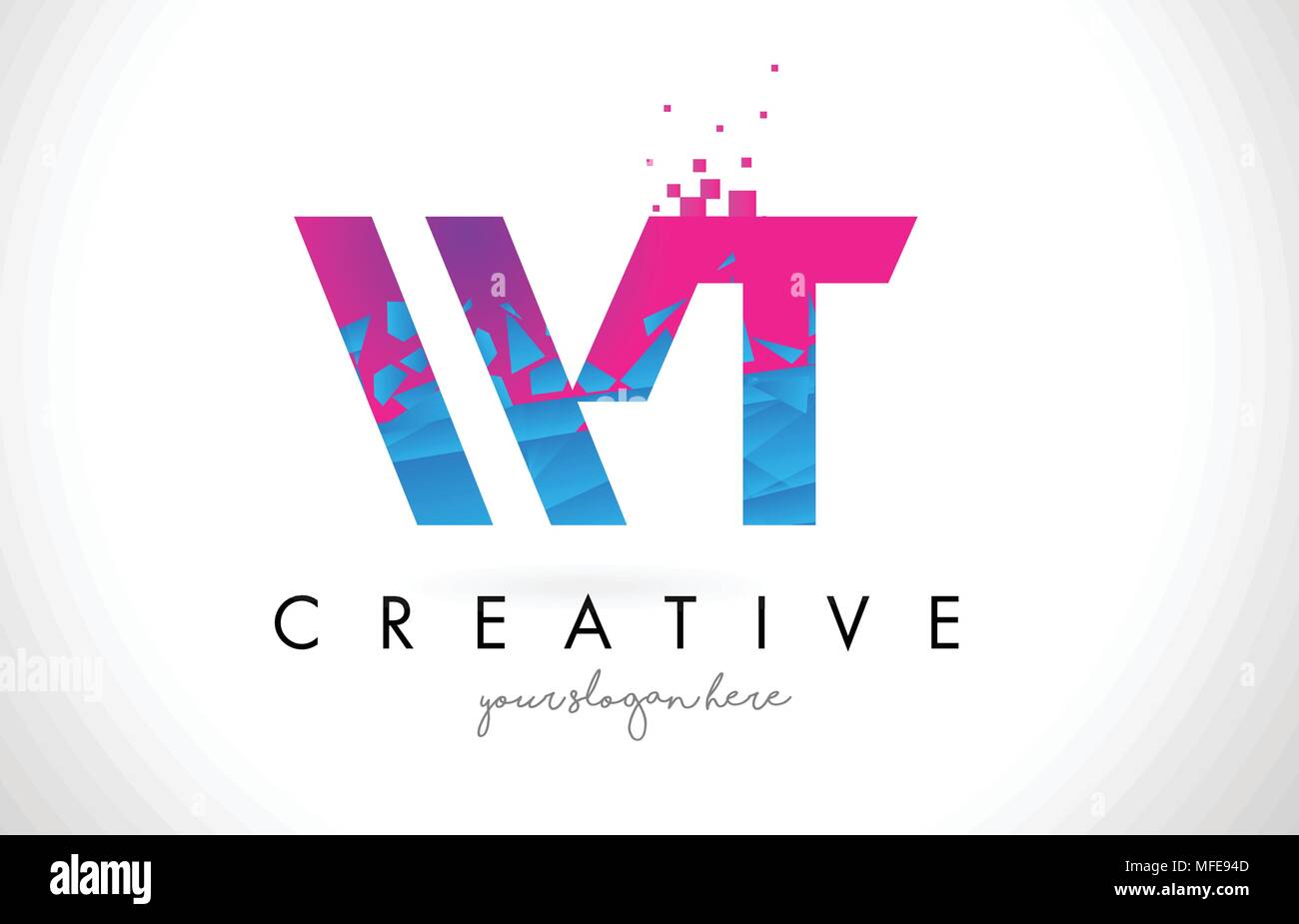 WT W T Letter Logo with Broken Shattered Blue Pink Triangles Texture ...