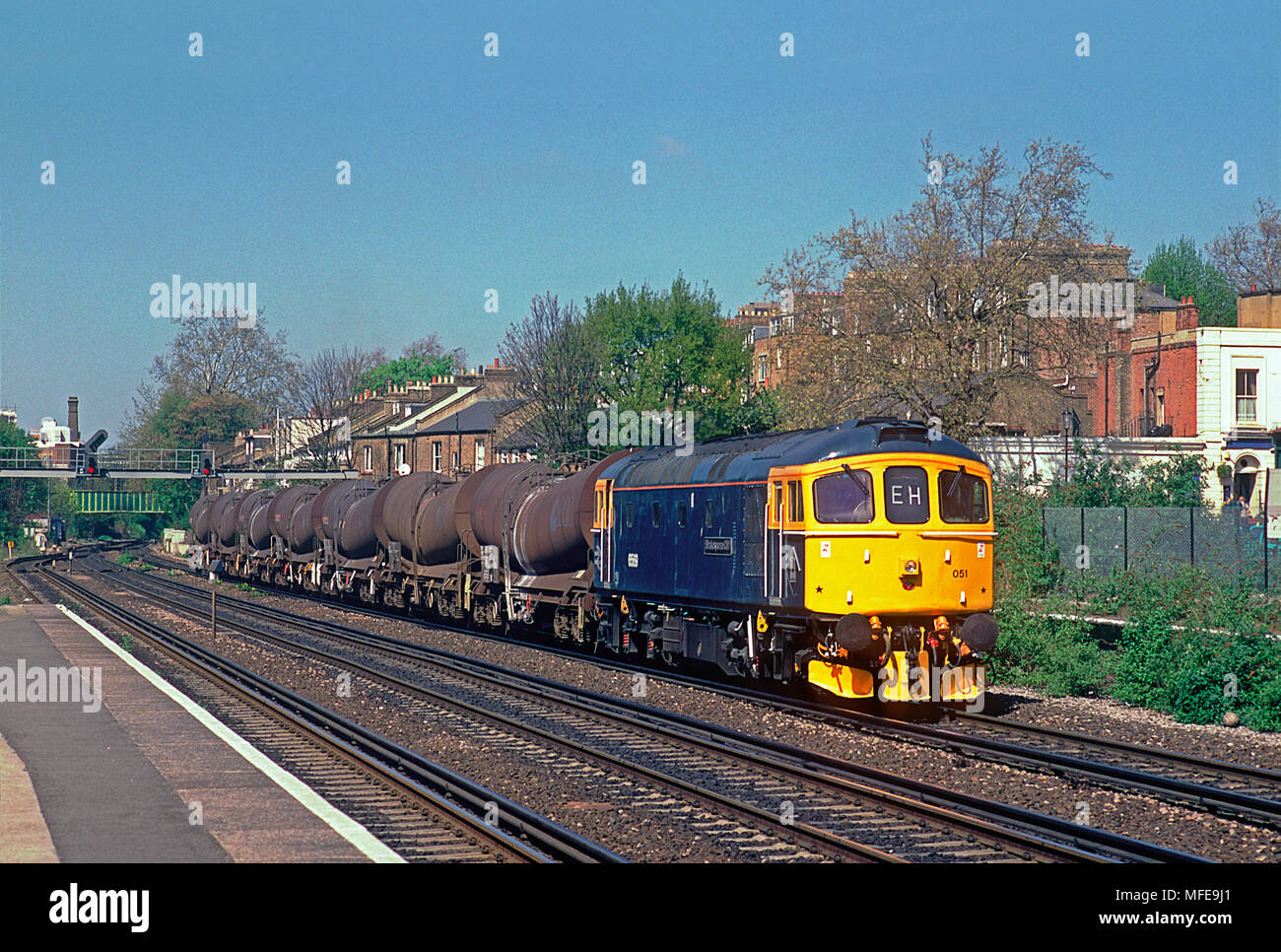 A class 33 diesel locomotive number 33051 working a freight train ...