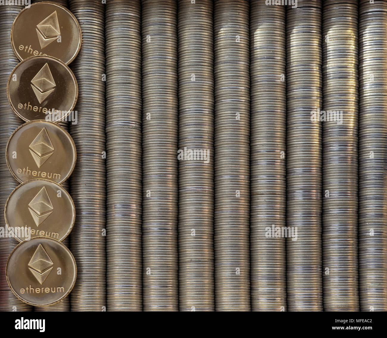 Gold Crypto Coins Ethereum ETH. Free space for text. Metal coins are ...