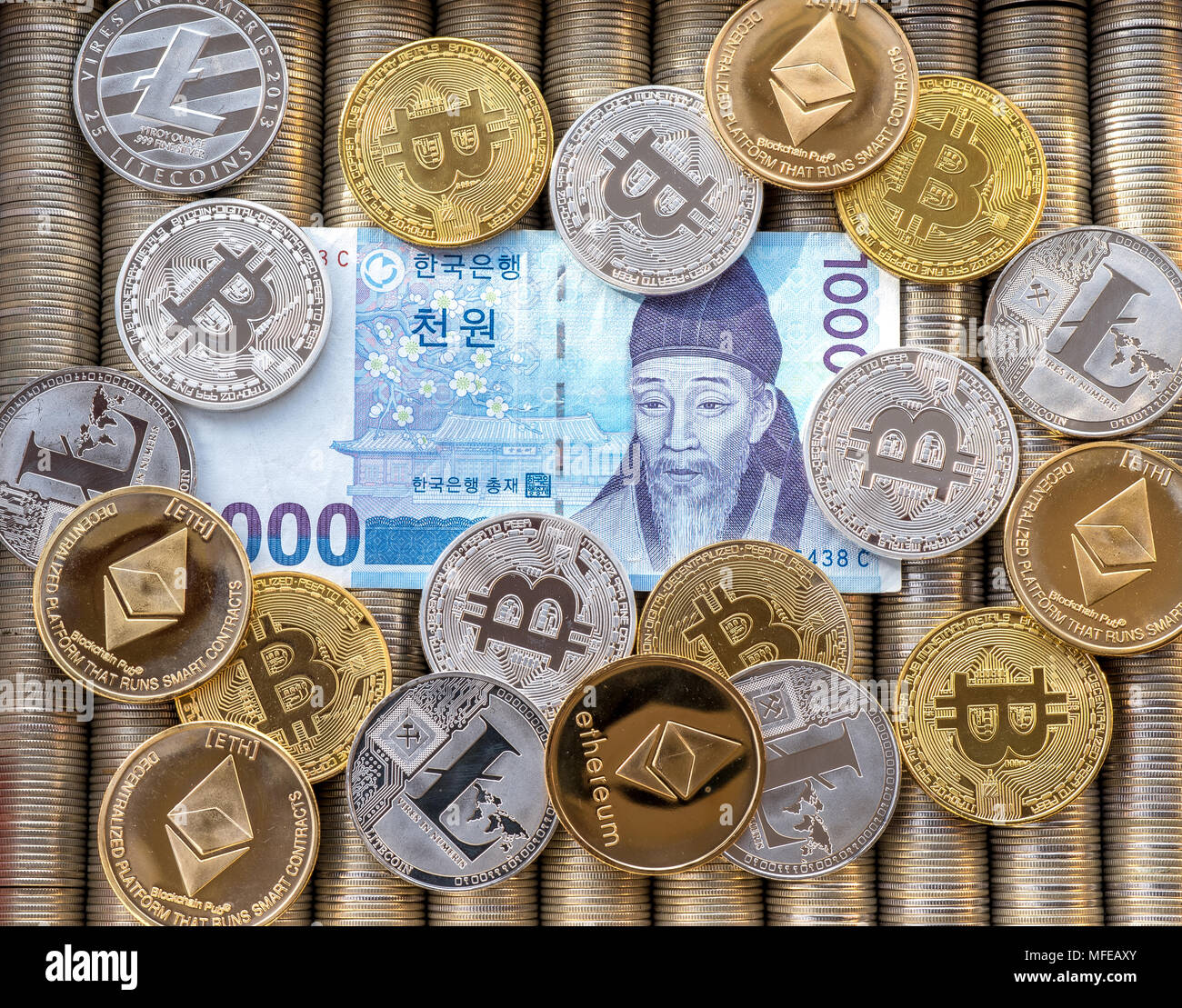 Silver Gold Crypto Coins Ethereum ETH, bitcoin BTC. Paper bills Korean ...