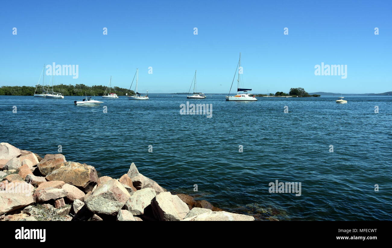Yachts on the water at Soldiers Point which dividing the east and west ...