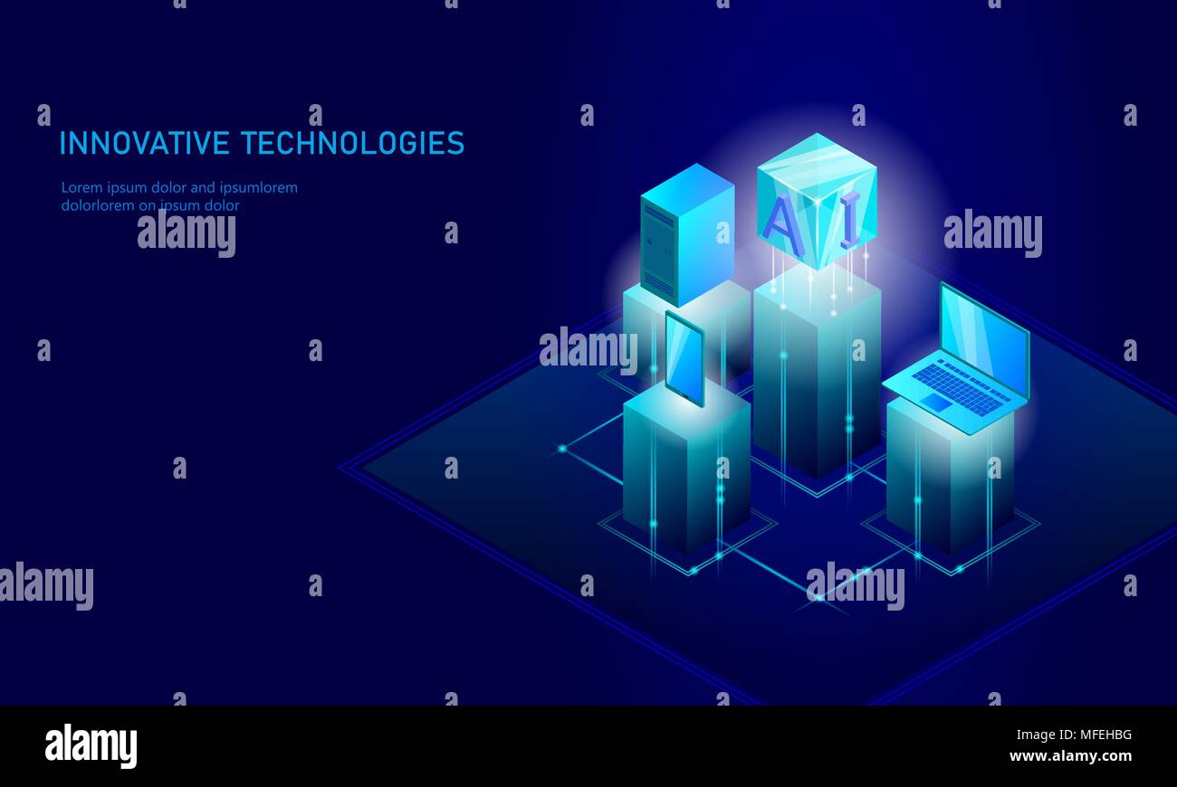 Isometric artificial intelligence business concept. Blue glowing isometric personal information ...