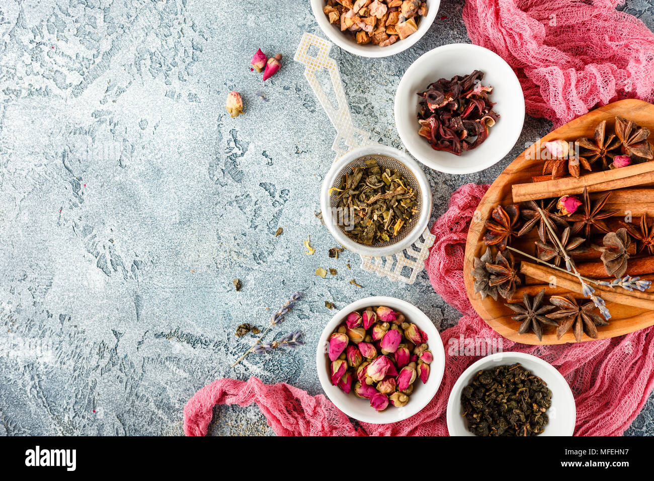 Collection of dry tea, rose buds tea, fruit tea, cinnamon, anise n ...