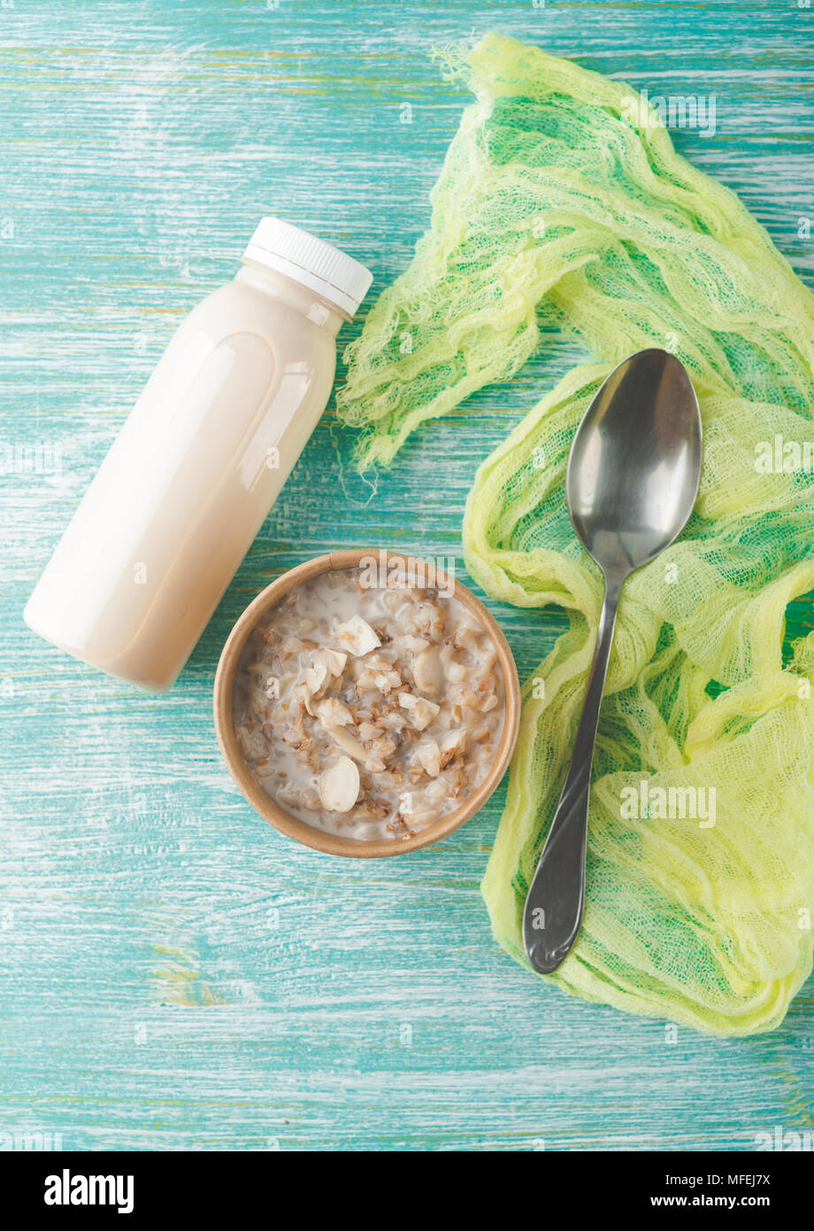 Healthy food delivery. Buckwheat porridge with milk, Cottage cheese and ...
