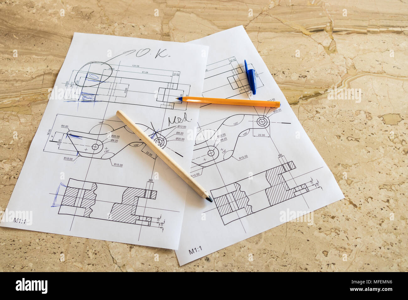 Designing mechanical parts draft Stock Photo - Alamy