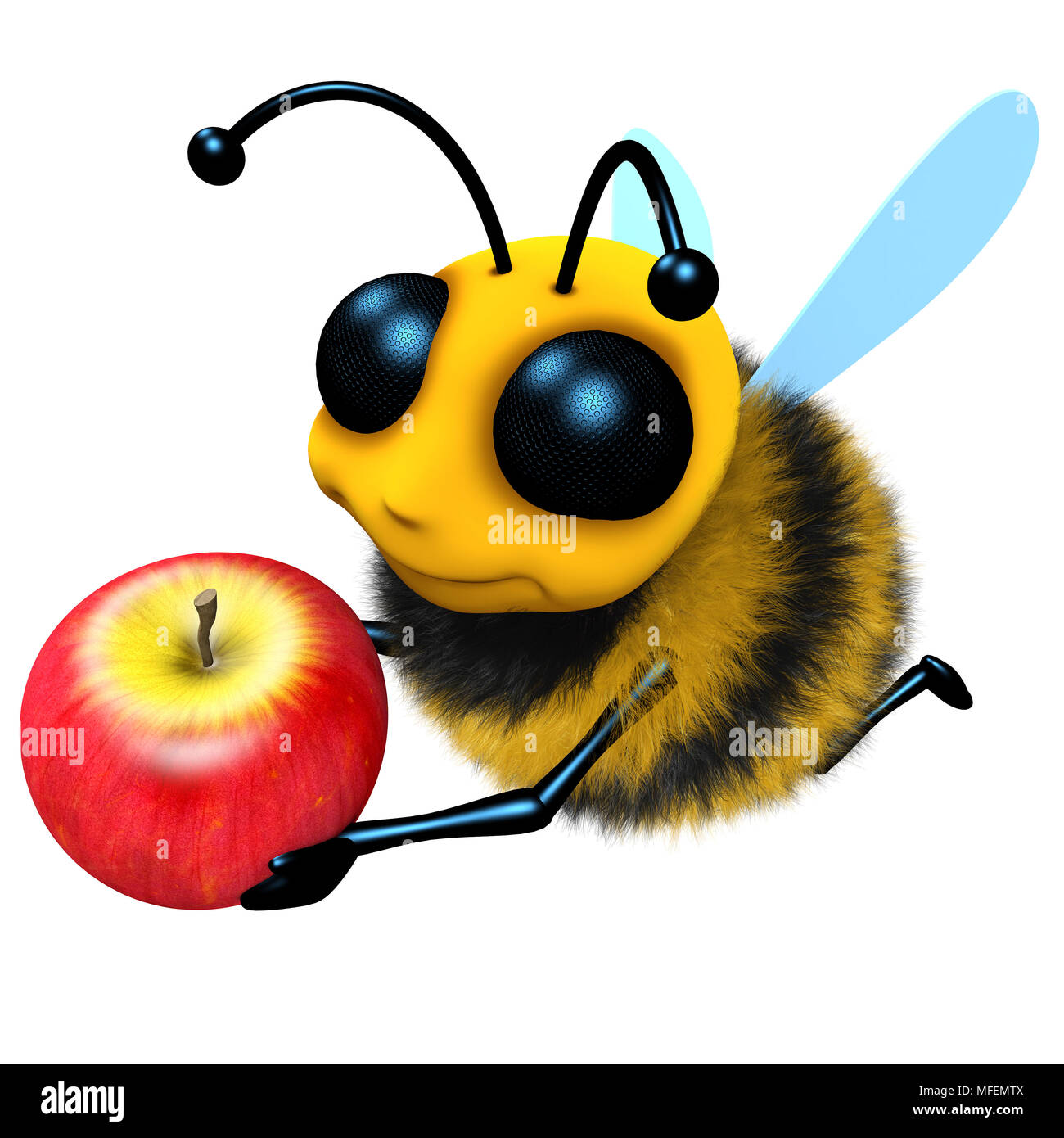 3d render of a funny cartoon honey bee character holding a juicy apple ...