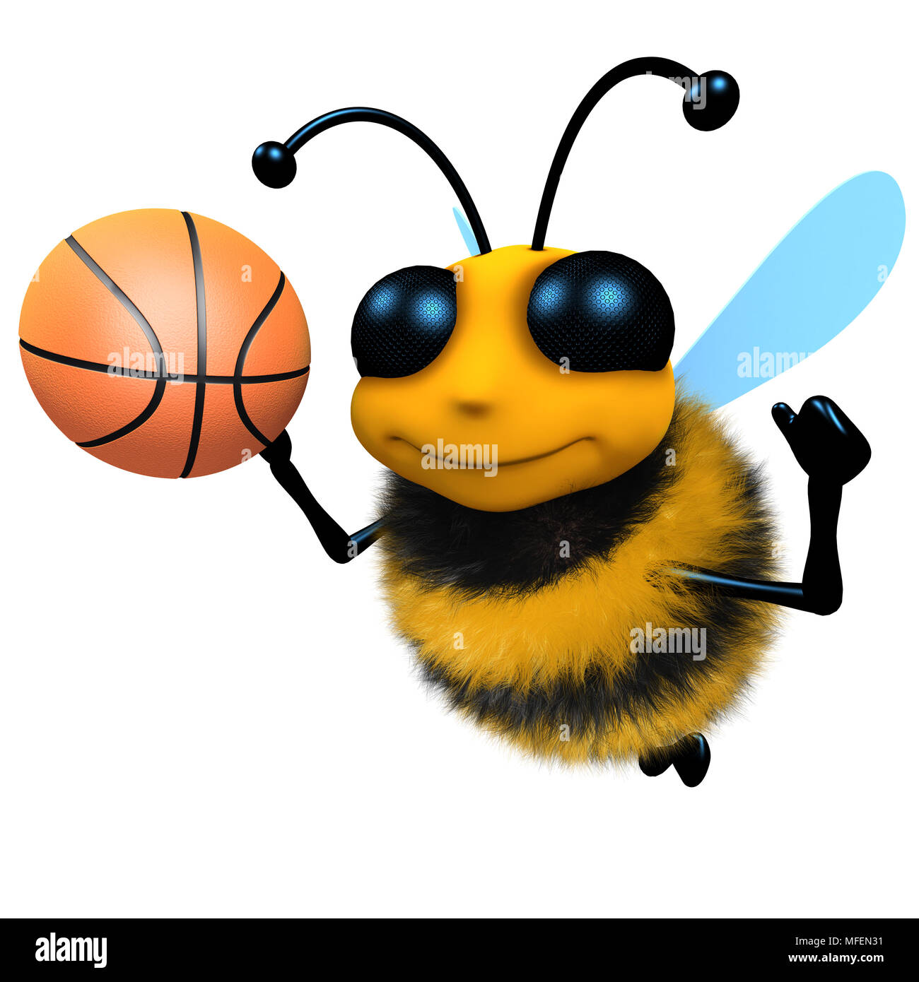 3d render of a funny cartoon honey bee character playing basketball ...