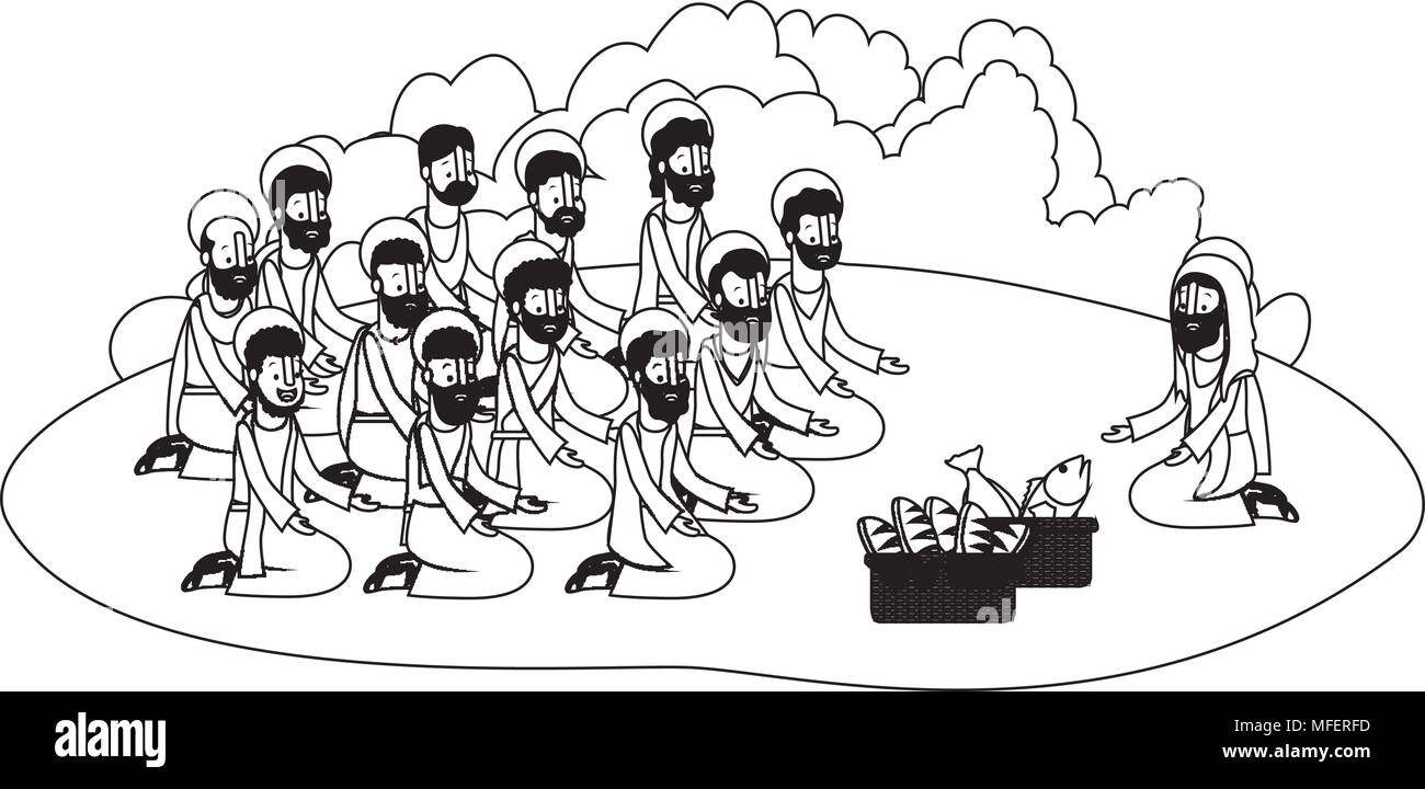 jesuschrist with apostles multiplication of bread and fish Stock Vector ...