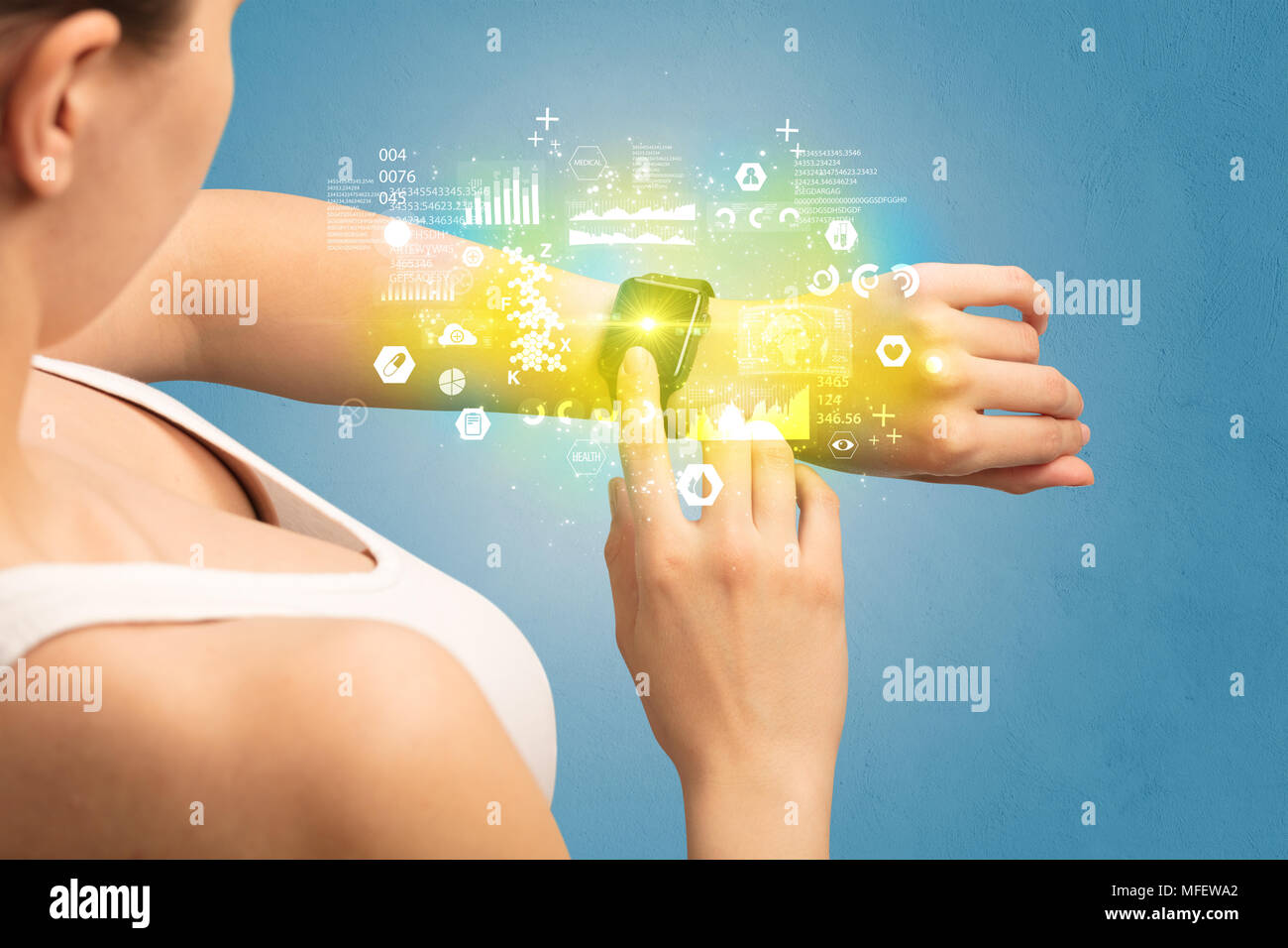 Hand with smartwatch and health medical tracker concept Stock Photo - Alamy