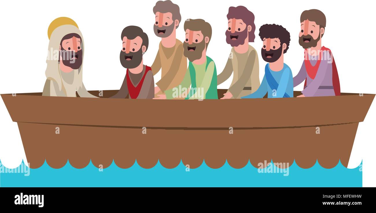 jesuschrist with apostles in boat biblical scene Stock Vector Image ...