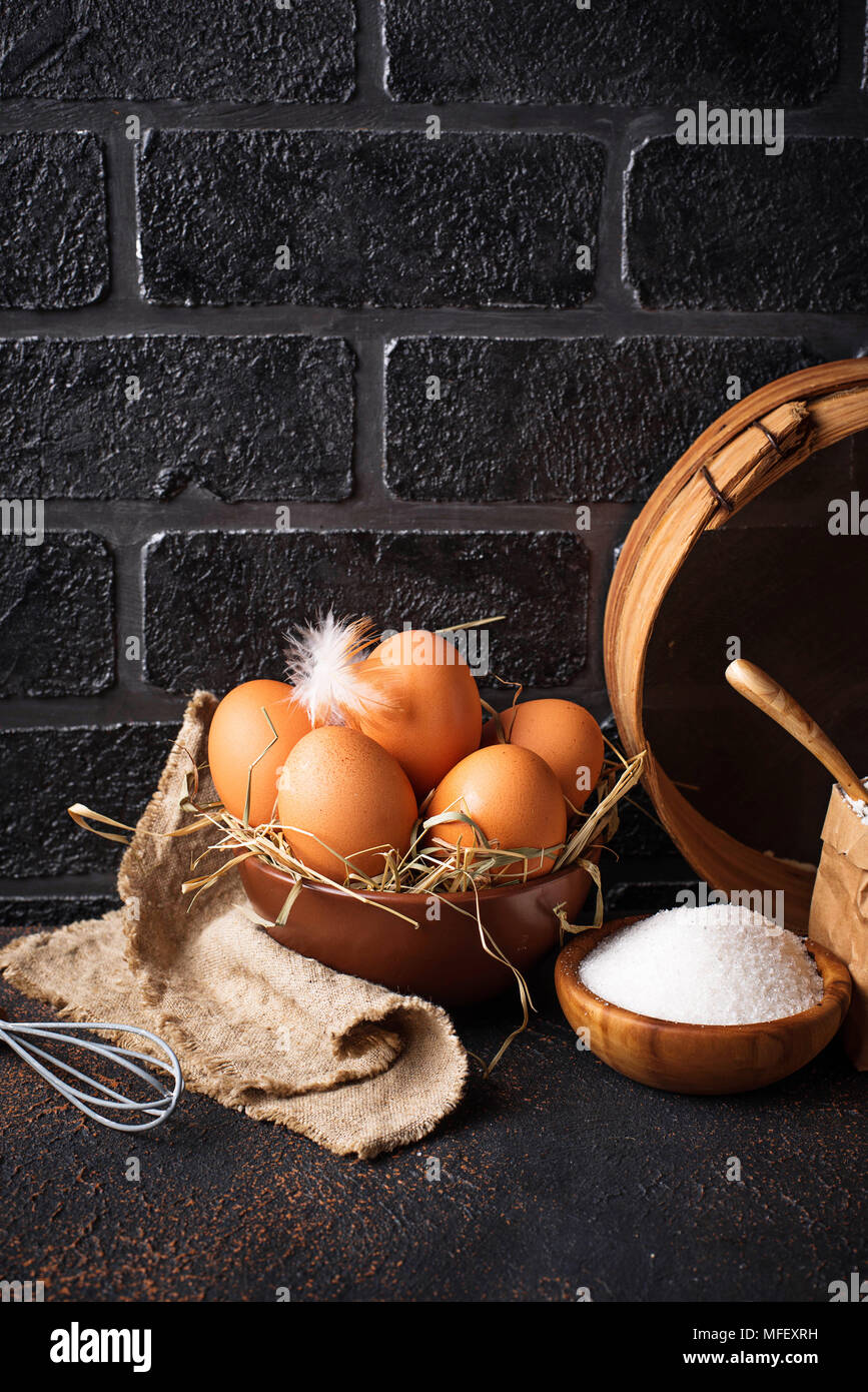 Ingredients for baking. Butter, eggs, sugar and flour Stock Photo - Alamy