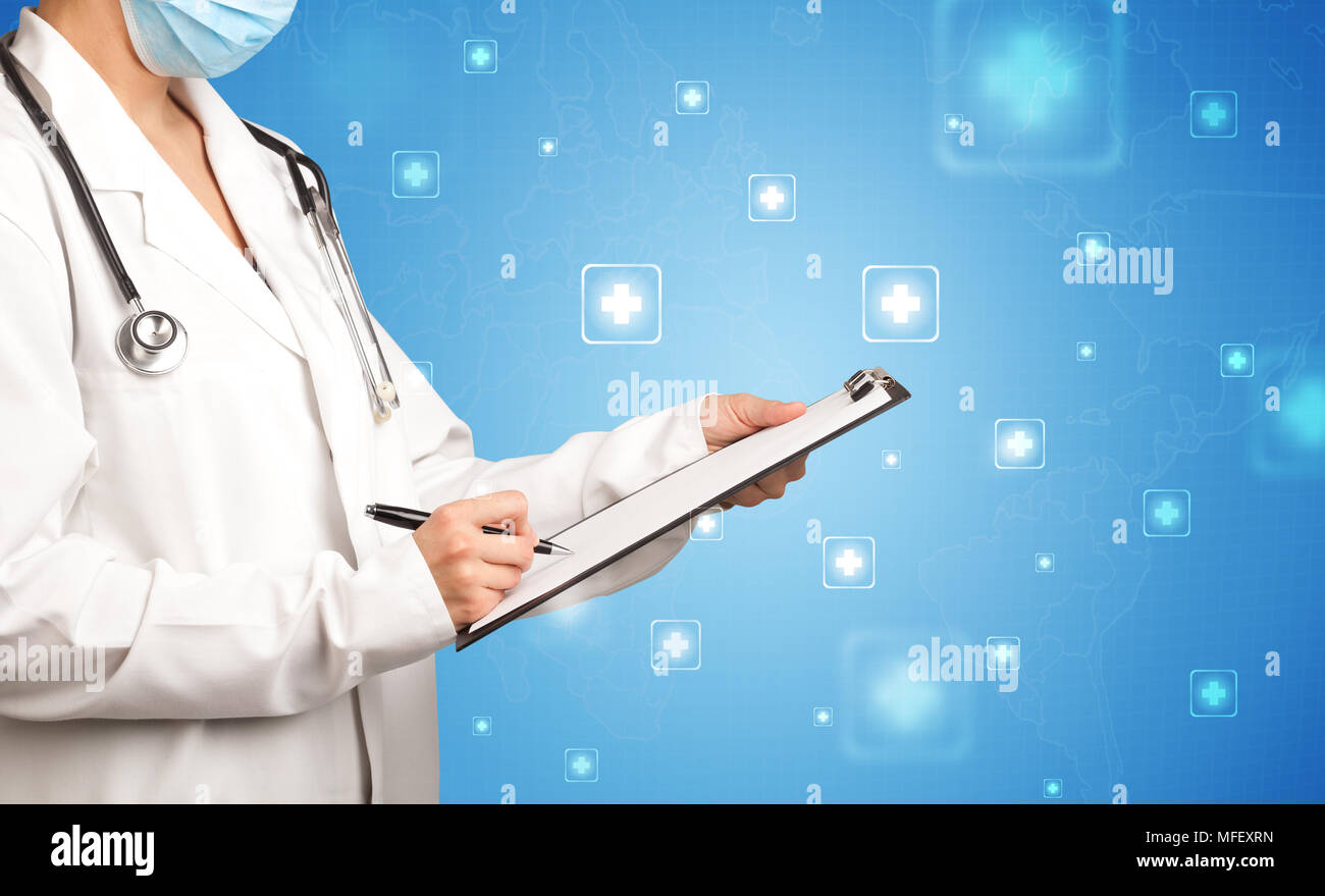 Female doctor holding notepad with blue background and crosses Stock ...