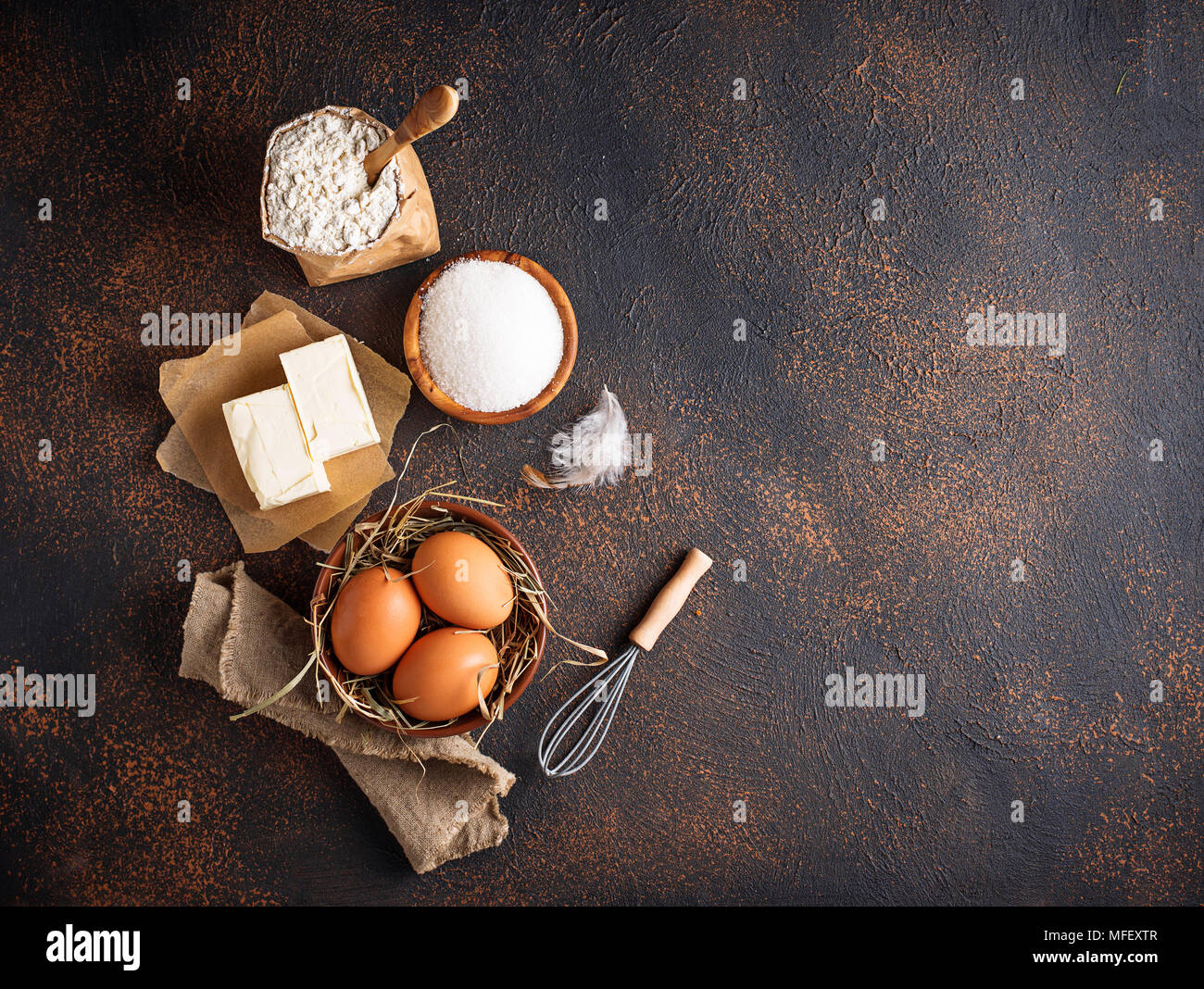 Ingredients for baking. Butter, eggs, sugar and flour Stock Photo - Alamy
