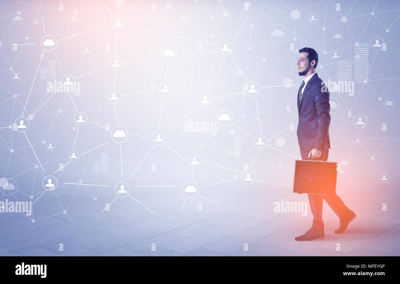 Linking people concept with lonely elegant businessman who walking ...