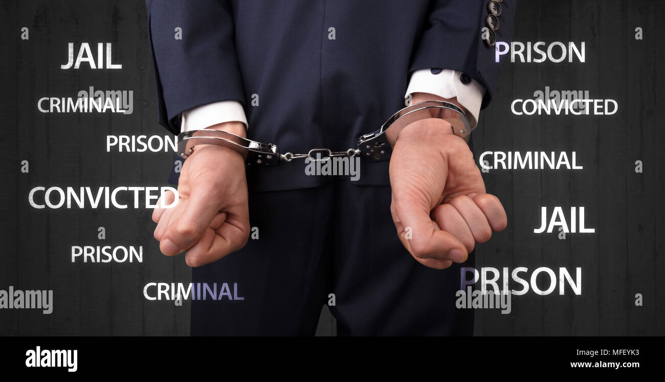 Jail convicted prison criminal labels with close handcuffed man Stock ...