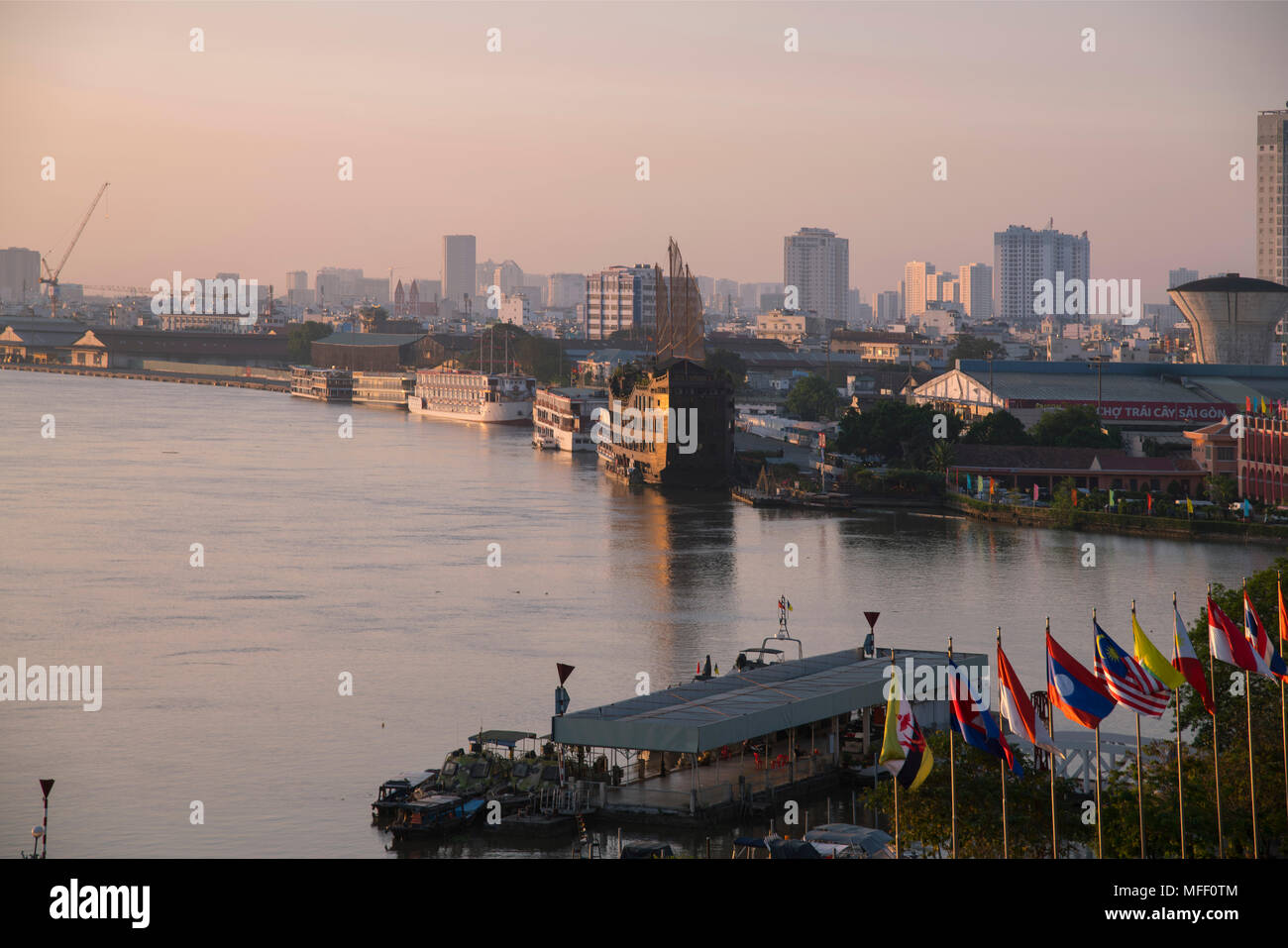An early morning view of the Saigon River in Ho Chi Minh City, Vietnam ...