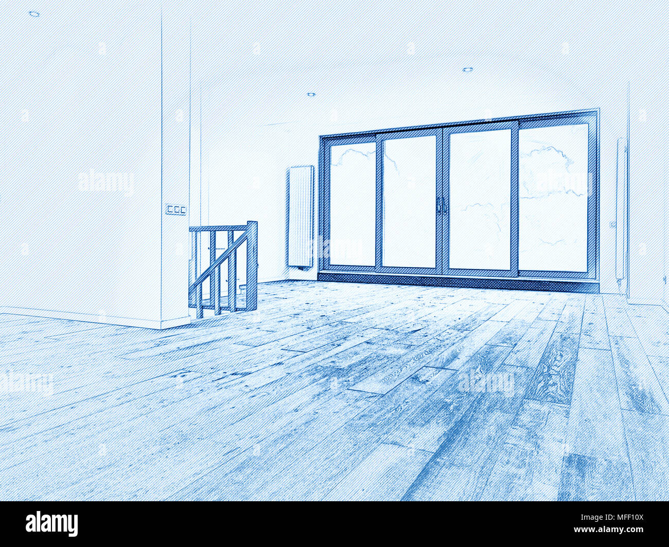 Blueprint Digital artwork illustration of a Empty big living room Stock ...