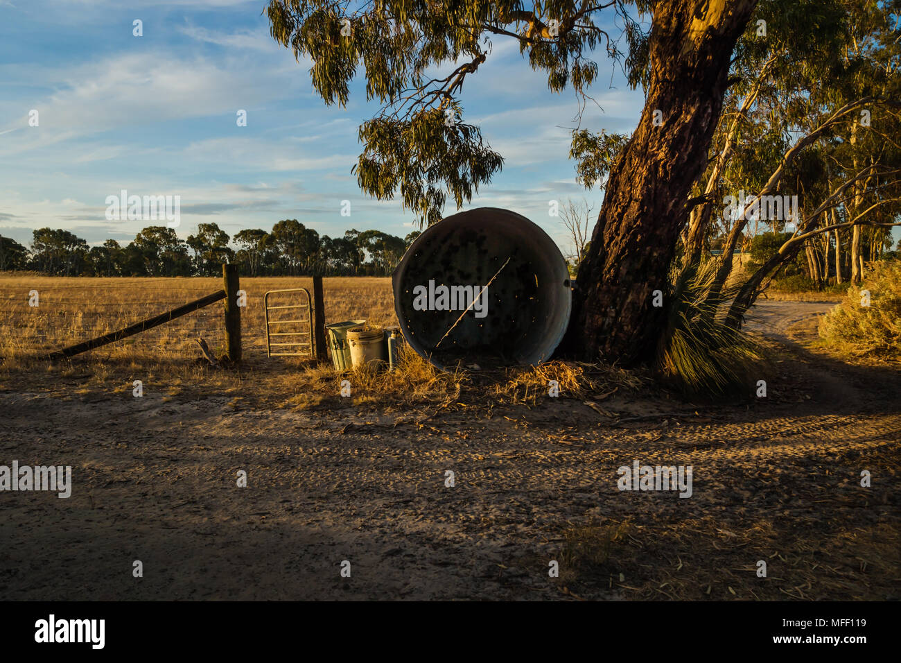 Rusty tun along a fence with door at a farmhouse in outback in the ...