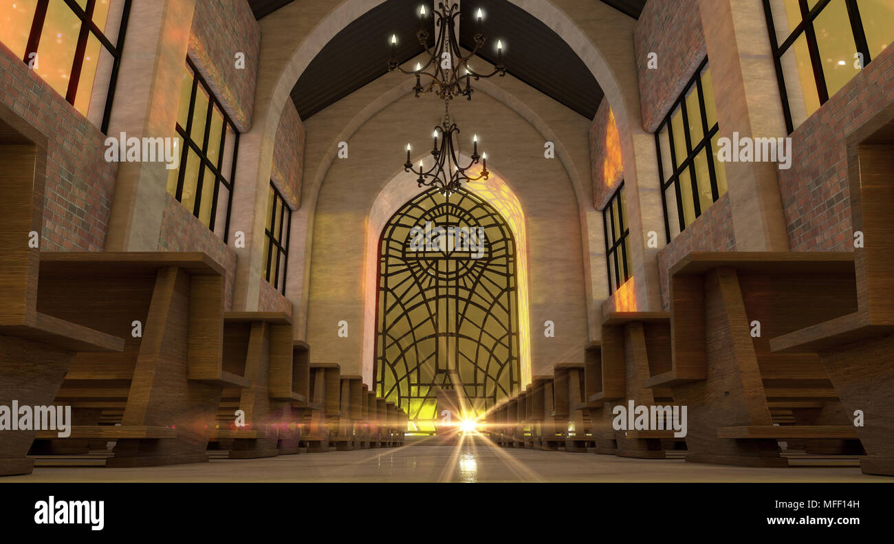A dark grand church interior lit by suns rays penetrating through a ...
