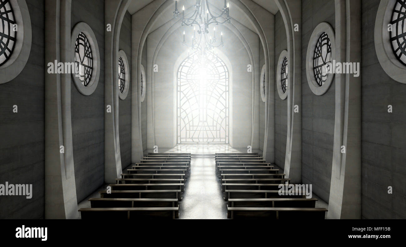 A dark grand church interior lit by suns rays penetrating through a ...
