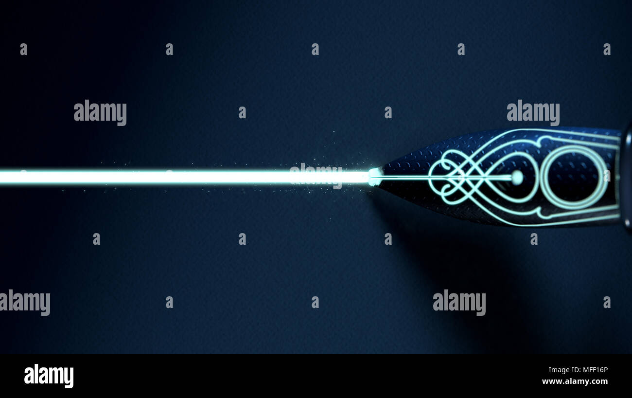 A closeup view of a futuristic fountain pen nib drawing a straight ink ...