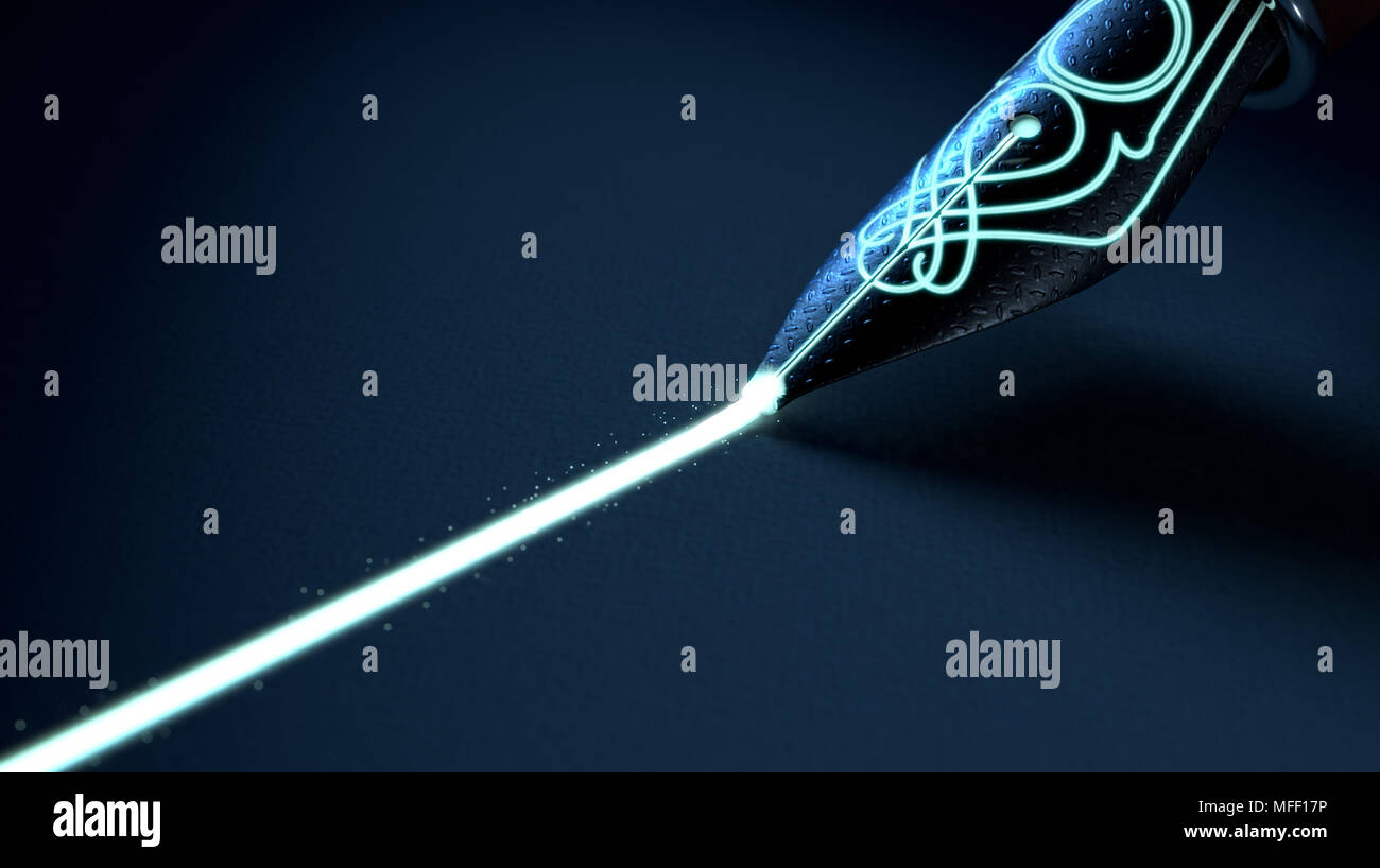A closeup view of a futuristic fountain pen nib drawing a straight ink ...